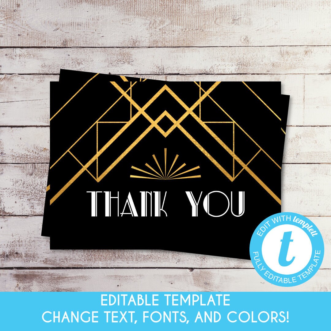 Editable Great Gatsby Thank You Card Roaring 1920s Party Birthday ...