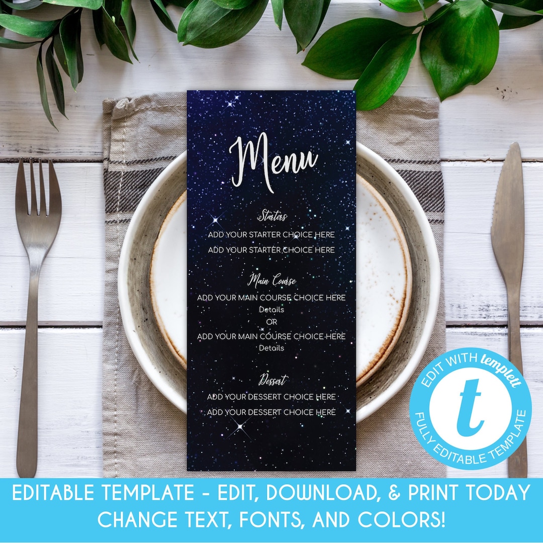 Editable Starry Night Dinner Menu Stars Sweet Sixteen Navy and Silver ...