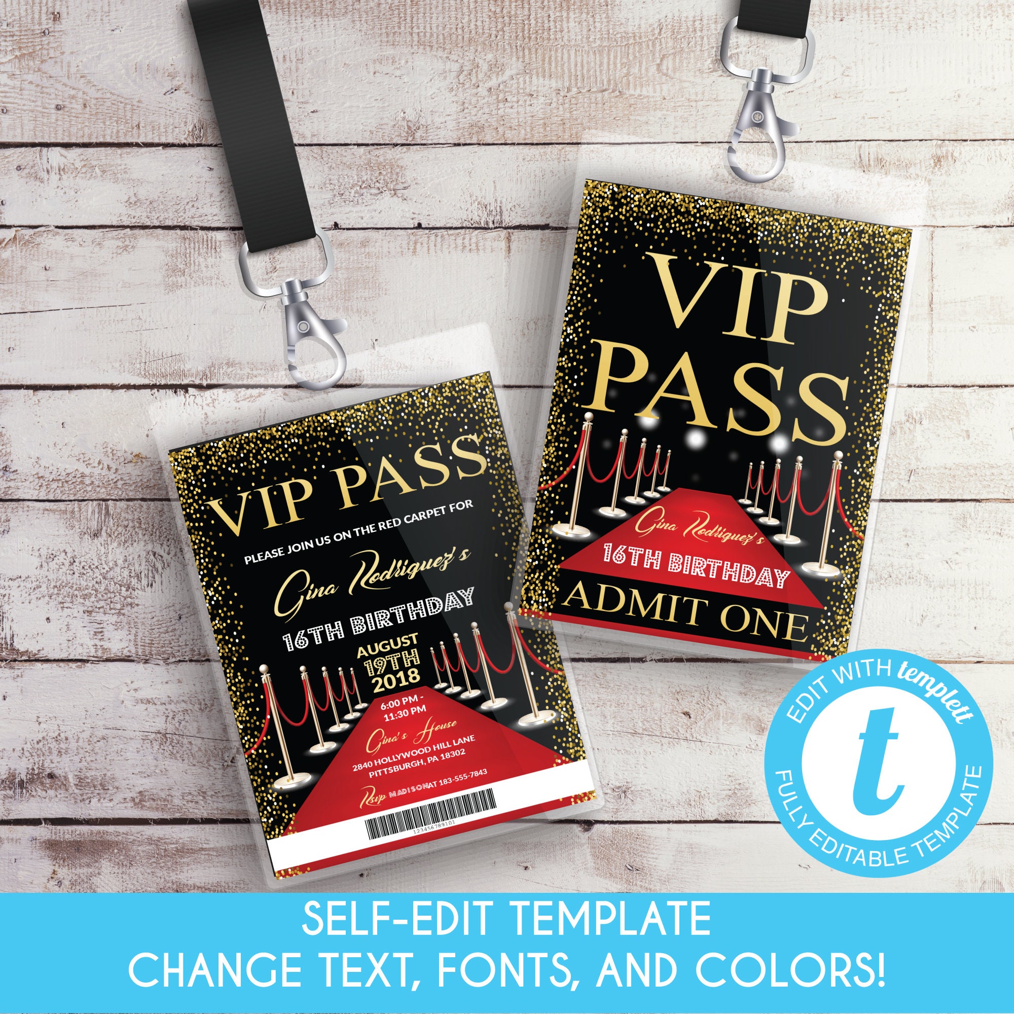 Hollywood Birthday Welcome Sign: Red Carpet VIP Pass (24x36 Editable ...