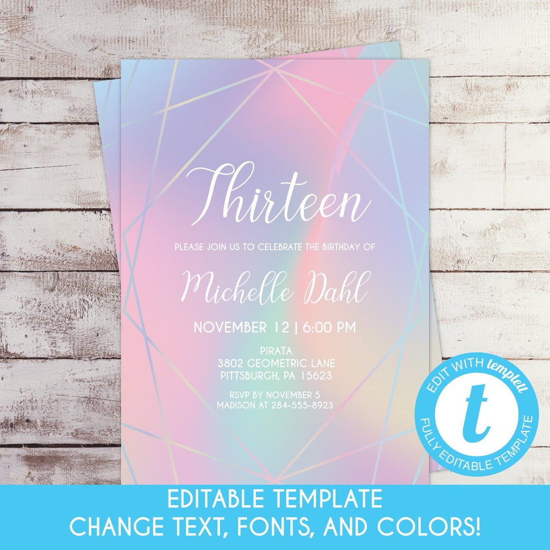 EDITABLE Pastel Geometric Birthday Invitation Rainbow Teen Girl ...