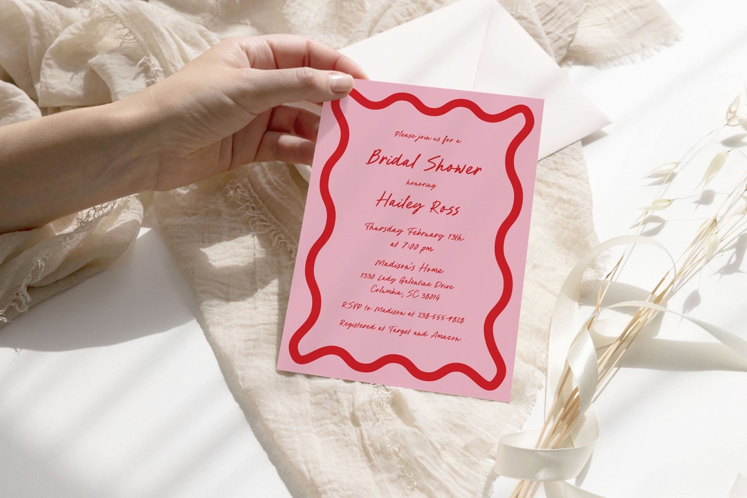Editable Wavy Border Bridal Shower Invitation Pink Red Wavy Border ...