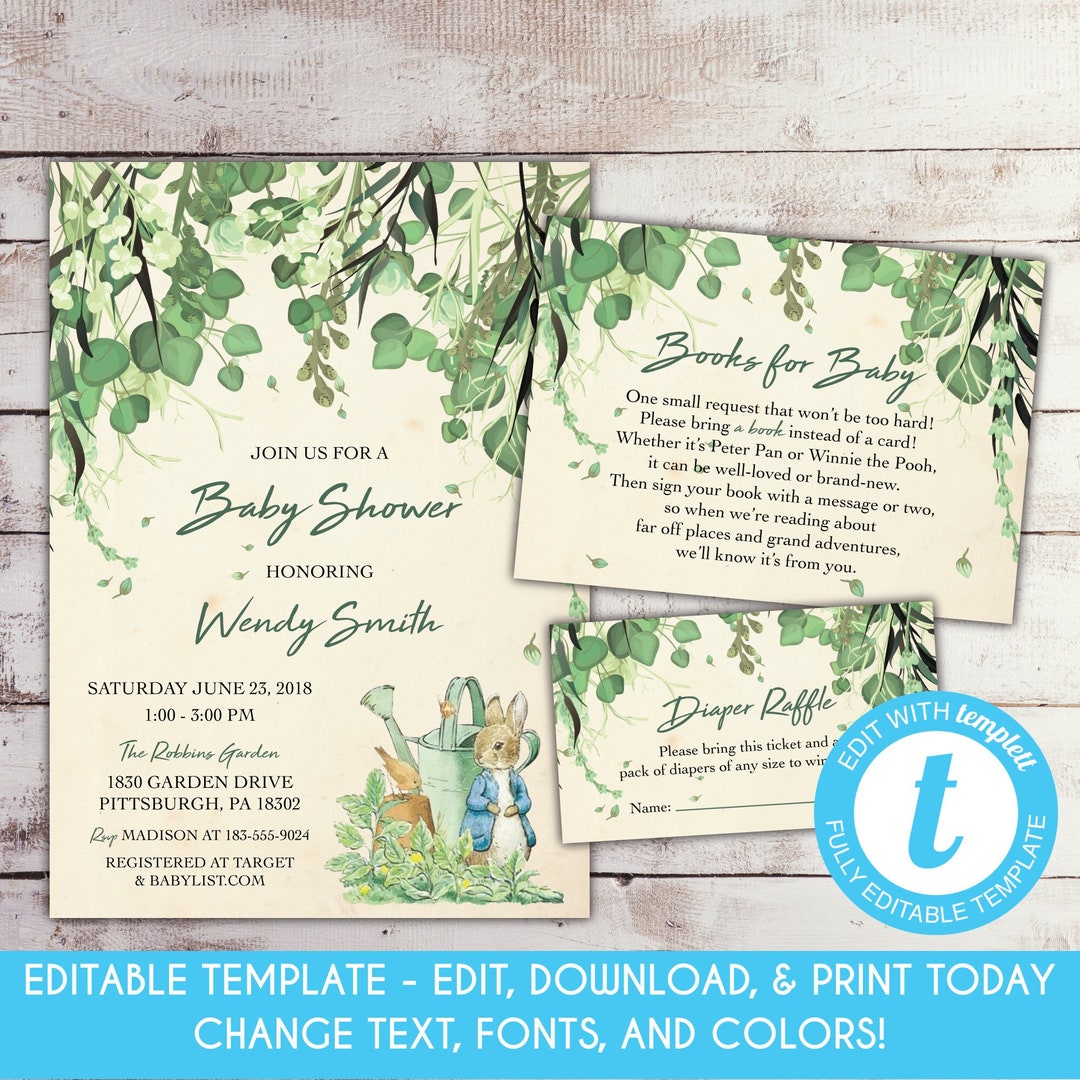 EDITABLE Peter Rabbit Baby Shower Invitation Set Bunny - Etsy