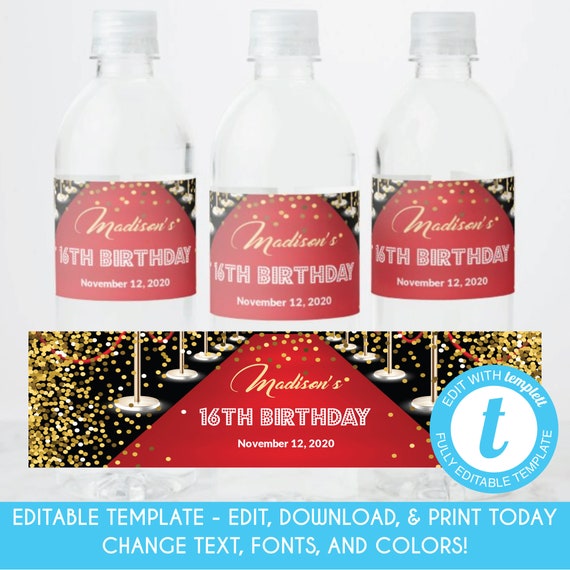 EDITABLE VIP Pass Birthday Water Bottle Labels Hollywood | Etsy