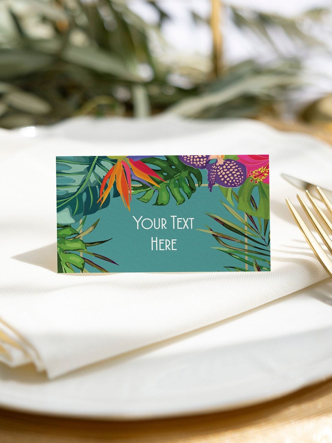 Editable Teal Tropical Place Card Tented Name Card Tent Food Card ...