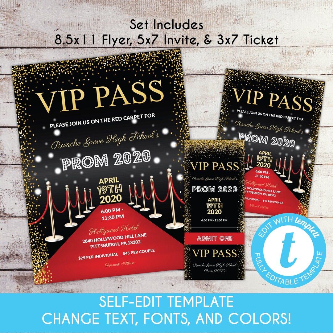Editable Hollywood Prom Invitation Set Template: VIP Pass Invite, Flyer ...