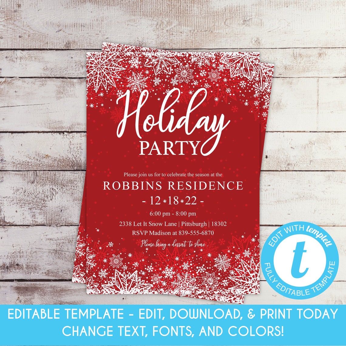 EDITABLE Elegant Holiday Party Invitation Red Snowflake - Etsy