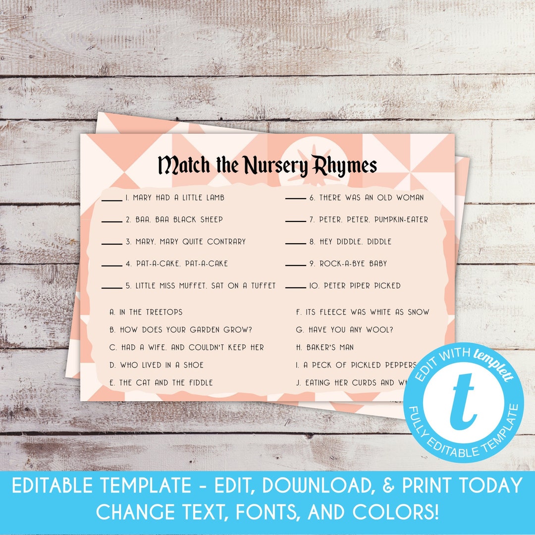 Editable Vintage Theme Park Baby Shower Nursery Rhymes Game Baby Shower ...