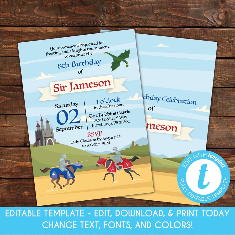 EDITABLE Medieval Birthday Invitation Knights Jousting - Etsy