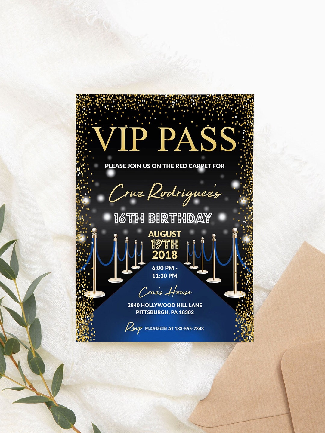 Editable Hollywood VIP Pass Invitation: Blue Carpet Birthday Template ...