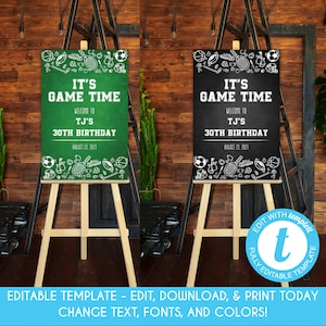 Editable Sports Birthday Welcome Sign 24x36 Black Chalkboard and Green ...