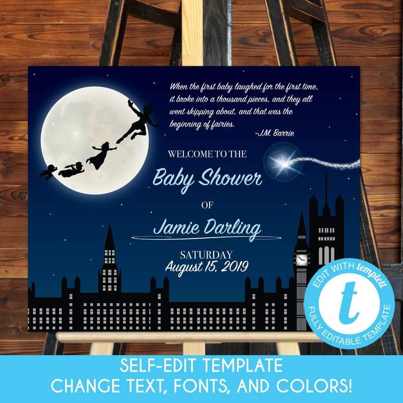 Editable Peter Pan Baby Shower Welcome Sign 24x36 Peter Pan Baby Shower ...