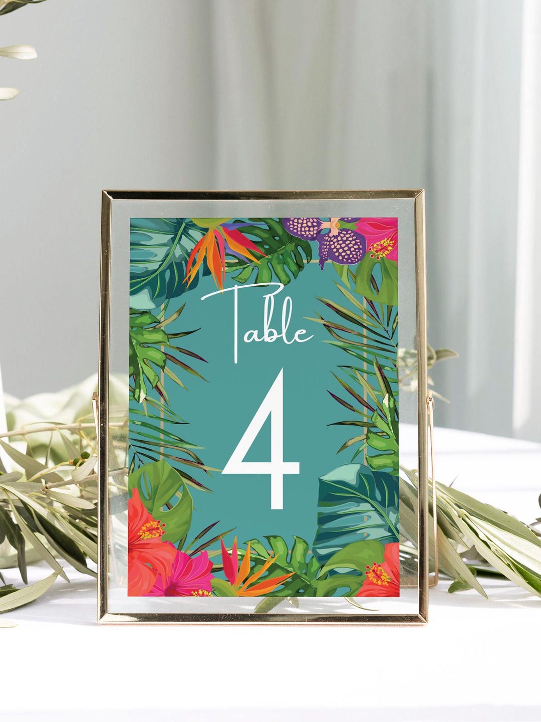 Editable Teal Tropical Table Number Card Tropical Floral Wedding Table ...