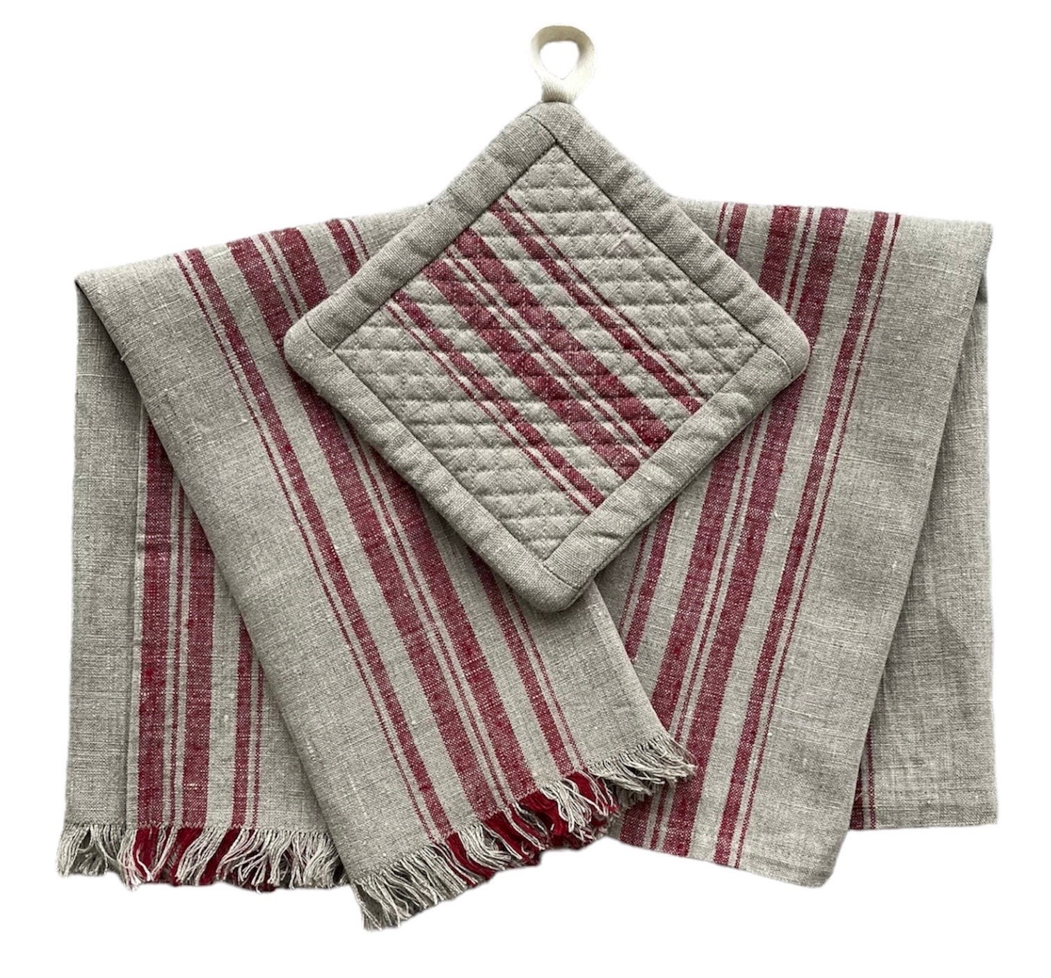 Handmade Linen Dish Towel: Dark Red Striped Farmhouse Kitchen Towel - Etsy