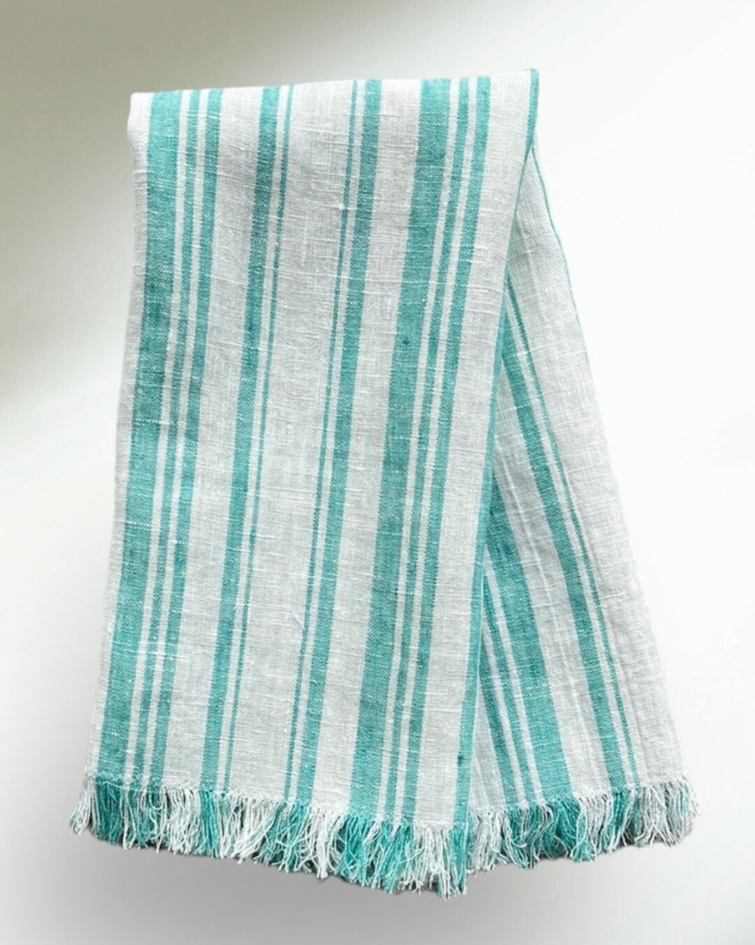 Turquoise & White Striped Linen Dish Towel: Fringed Farmhouse Kitchen ...