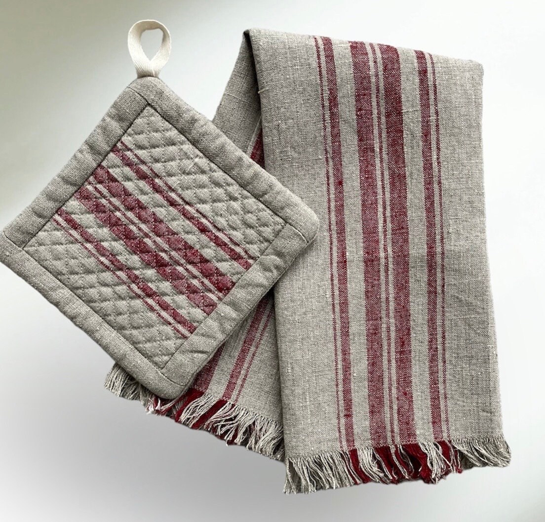 Handmade Linen Dish Towel: Dark Red Striped Farmhouse Kitchen Towel - Etsy