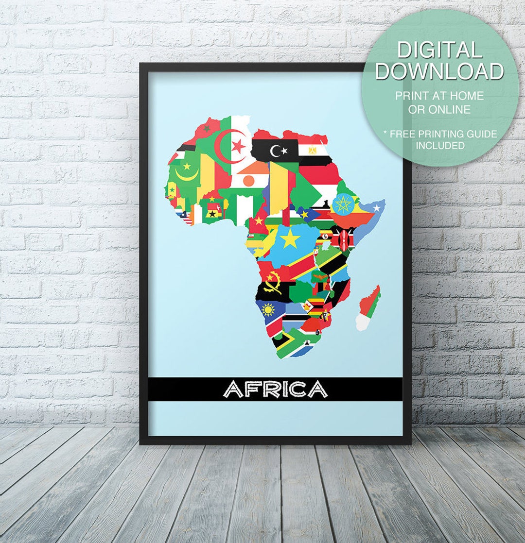Africa Flag Map Decor, Map Art, Cartography, Map Print, Map Poster ...