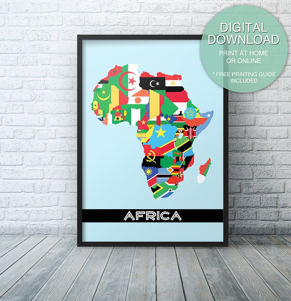Africa Flag Map Decor, Map Art, Cartography, Map Print, Map Poster ...