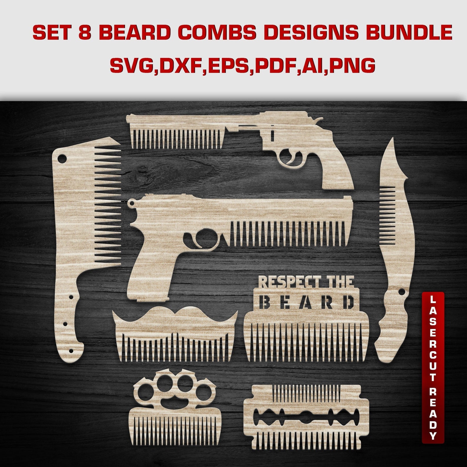 Beard Comb Designs Bundle, Laser Cut Files (svg, Dxf, Eps, Pdf, Ai, Png ...