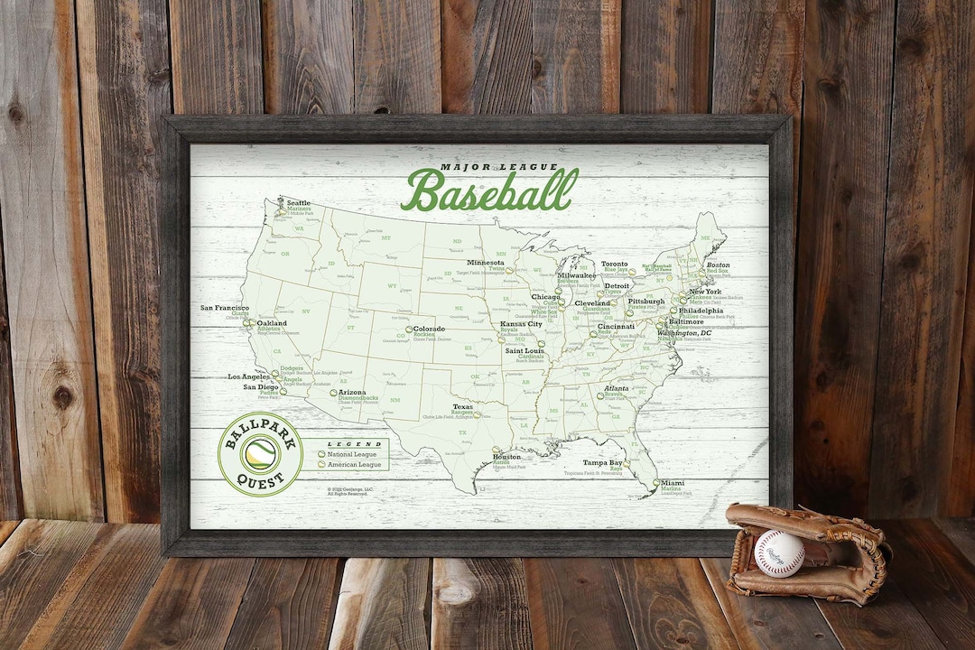 Baseball Map Stadium Locations - MLB Tour Tracker - Light Green Wood ...