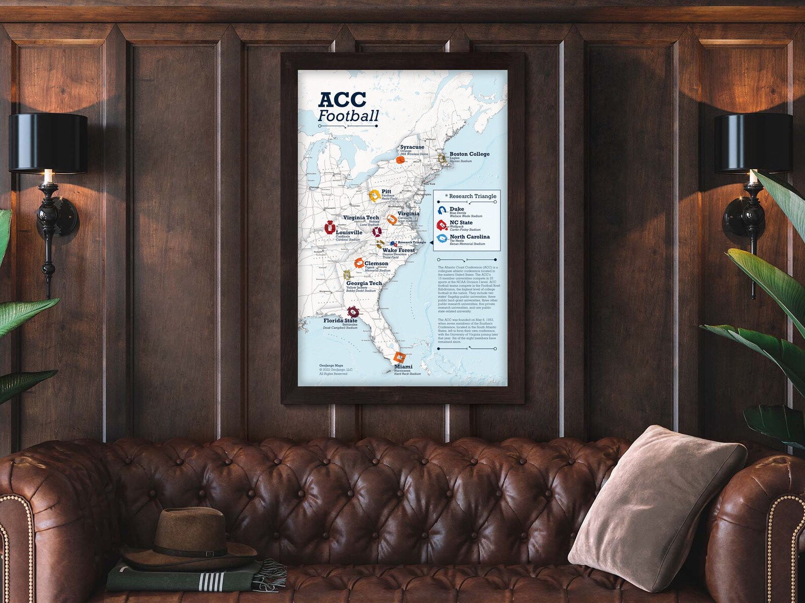 ACC Football Stadium Map: NCAA Football Poster or Pin Map | Modern ...