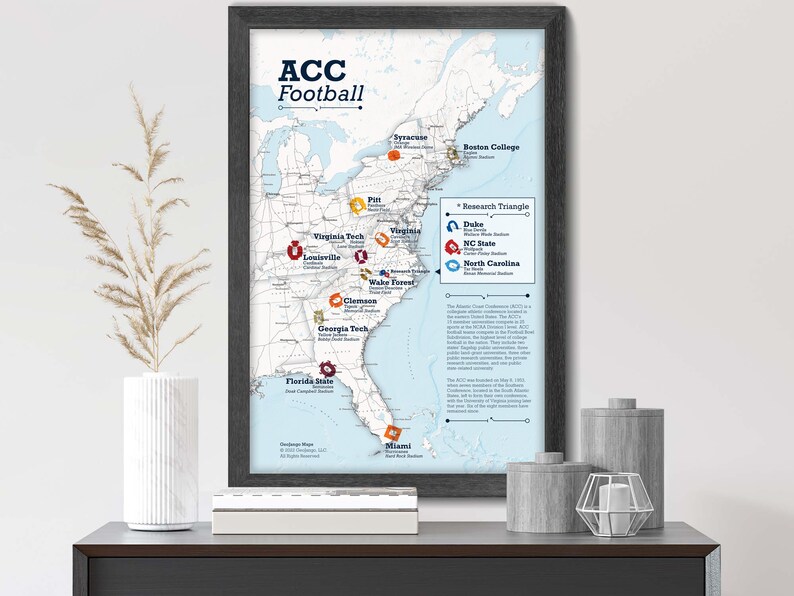 ACC Football Stadium Map: NCAA Football Poster or Pin Map - Etsy