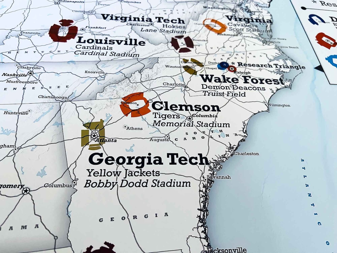 ACC Football Stadium Map: NCAA Football Poster or Pin Map - Etsy