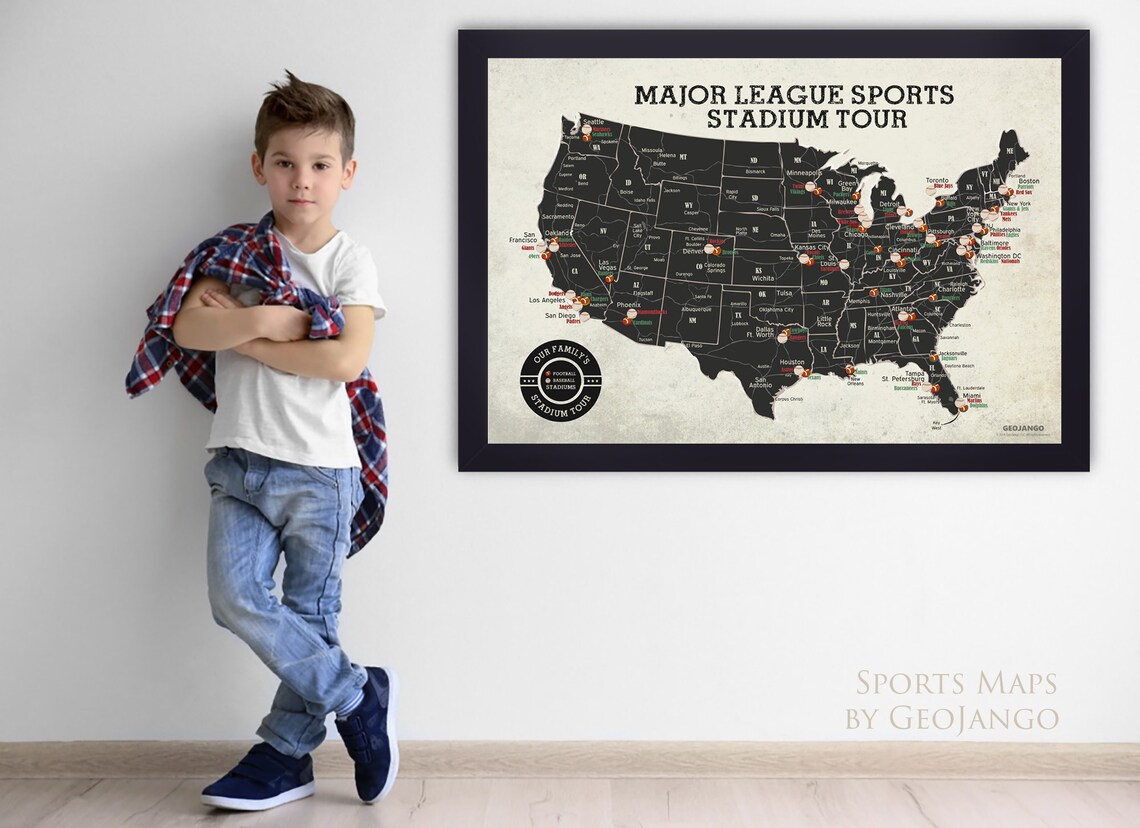 Football and Baseball Stadium Tour Map: Poster or Framed Push Pin Map ...