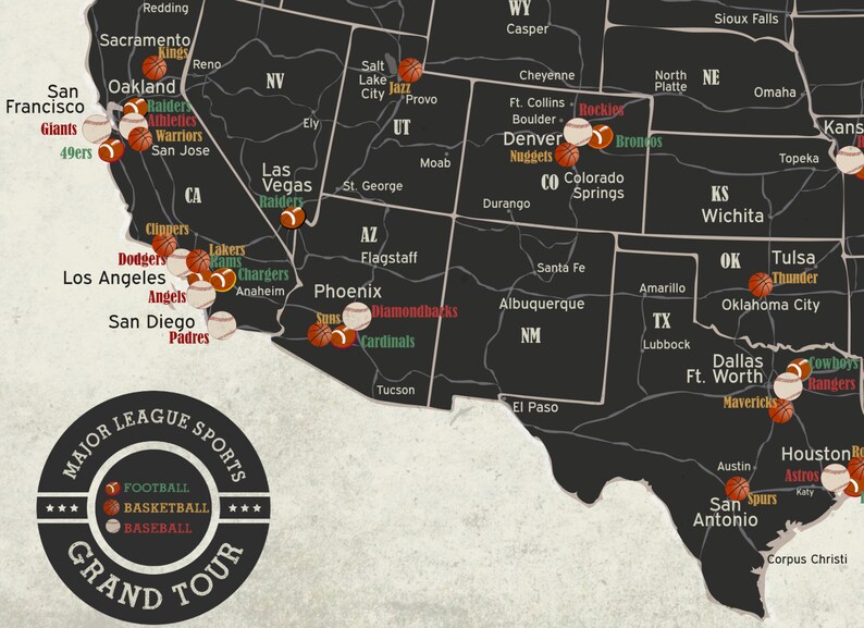 Football-Baseball-Basketball Grand Tour Map: Poster or Framed | Etsy