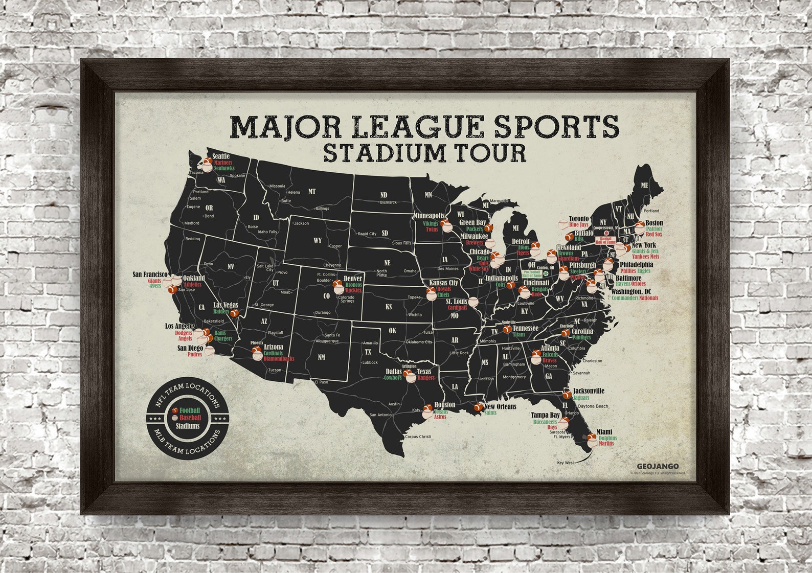 Football and Baseball Stadium Tour Map: Poster or Framed Push Pin Map ...