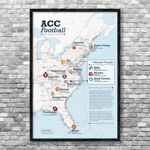 ACC Football Stadium Map: NCAA Football Poster or Pin Map | Modern ...