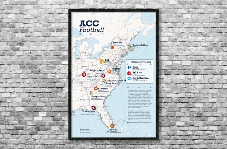 ACC Football Stadium Map: NCAA Football Poster or Pin Map - Etsy
