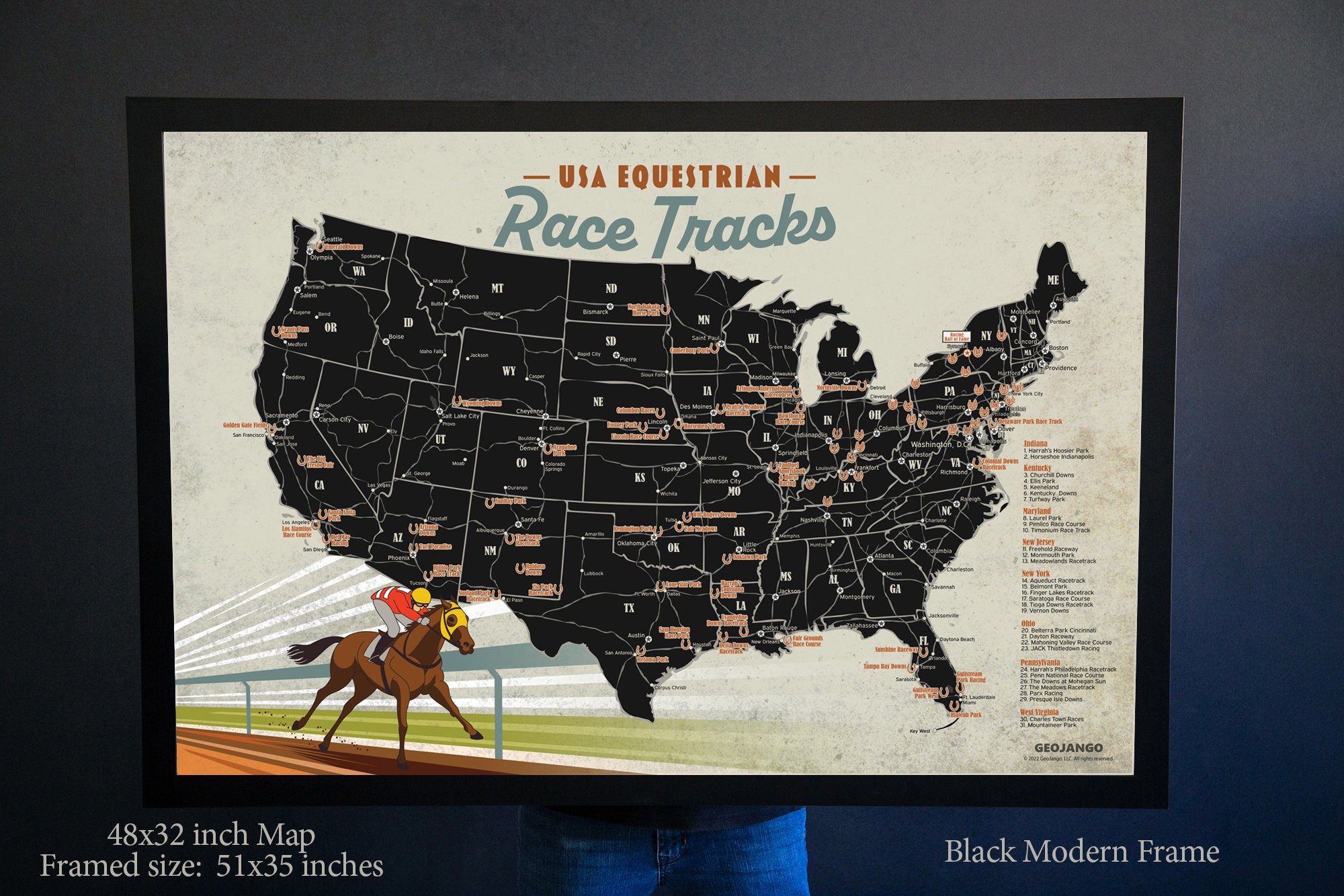 U S Map Of Horse Racing Tracks Horse Racing Tracks Map Etsy