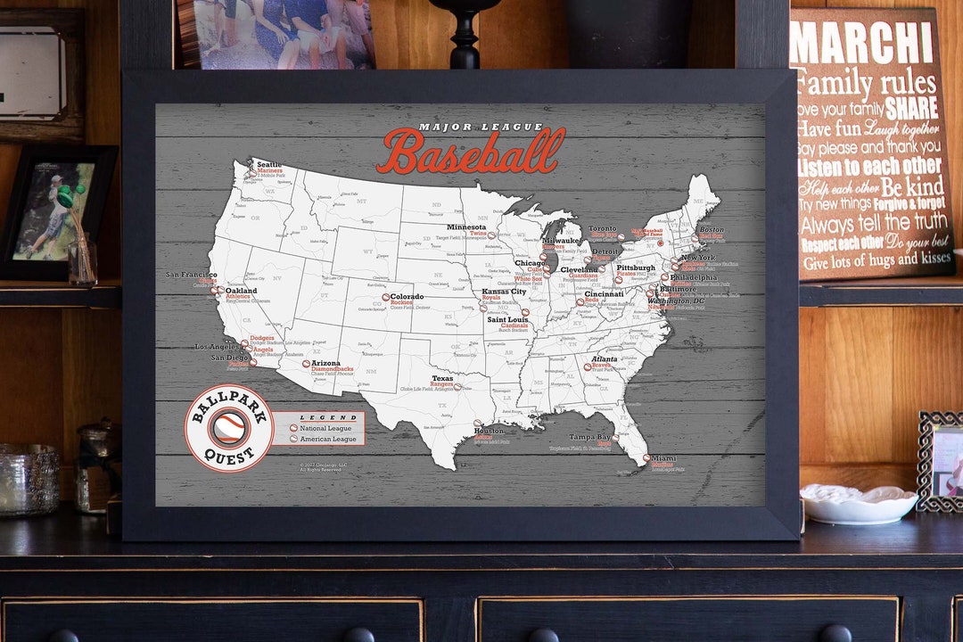 Baseball Stadium Map, Bucket List, Coach Gift, MLB Locations, Framed ...