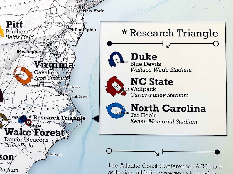 ACC Football Stadium Map: NCAA Football Poster or Pin Map - Etsy