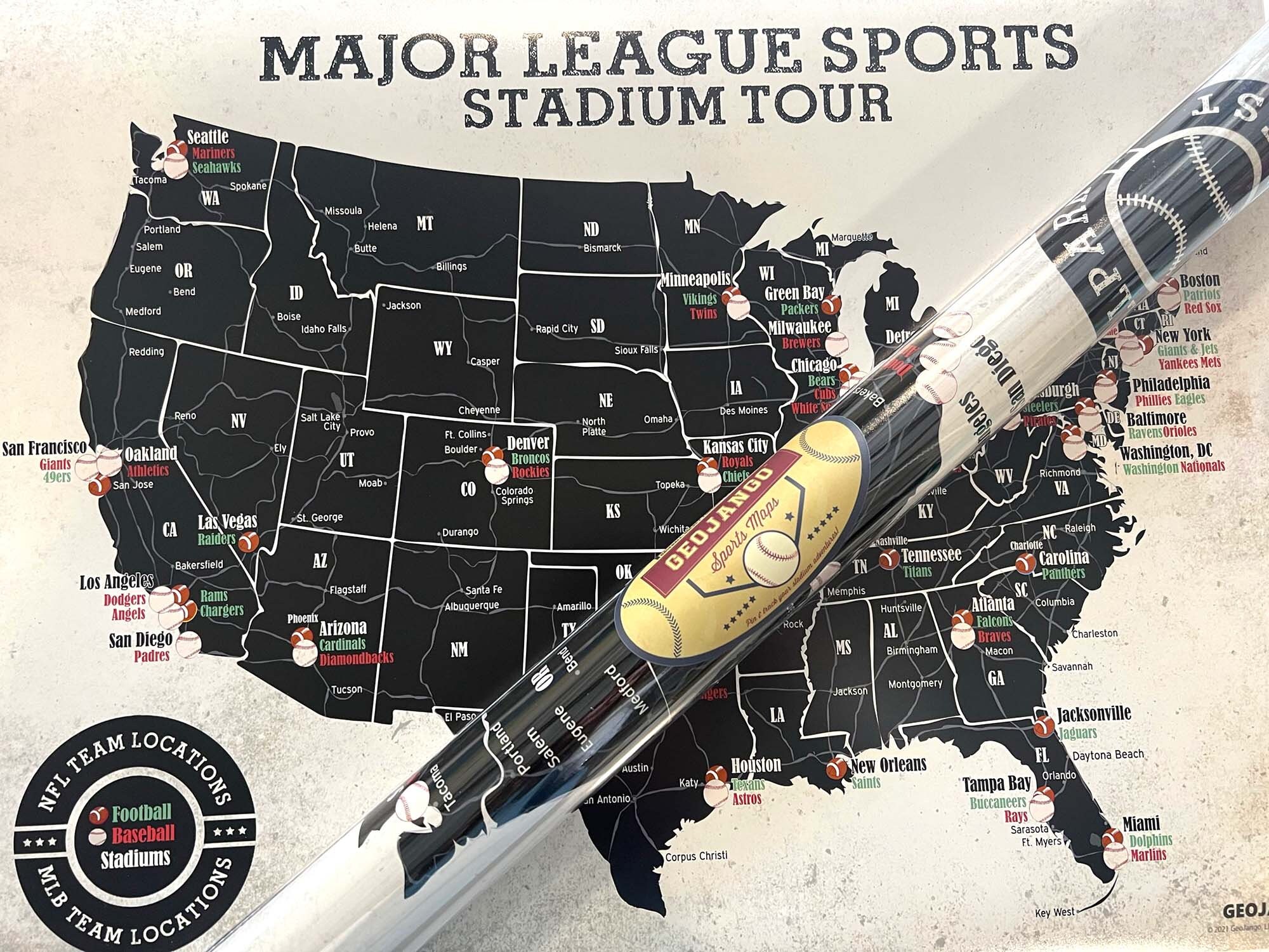 Football and Baseball Stadium Tour Map: Poster or Framed Push Pin Map ...
