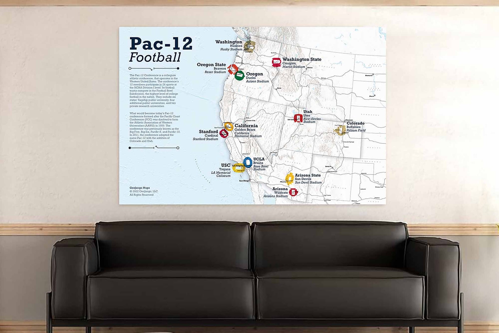 Pac-12 Football Stadium Map NCAA Football Conference - Etsy