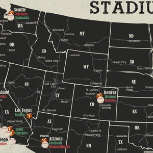 Football and Baseball Stadium Tour Map: Poster or Framed Push Pin Map ...