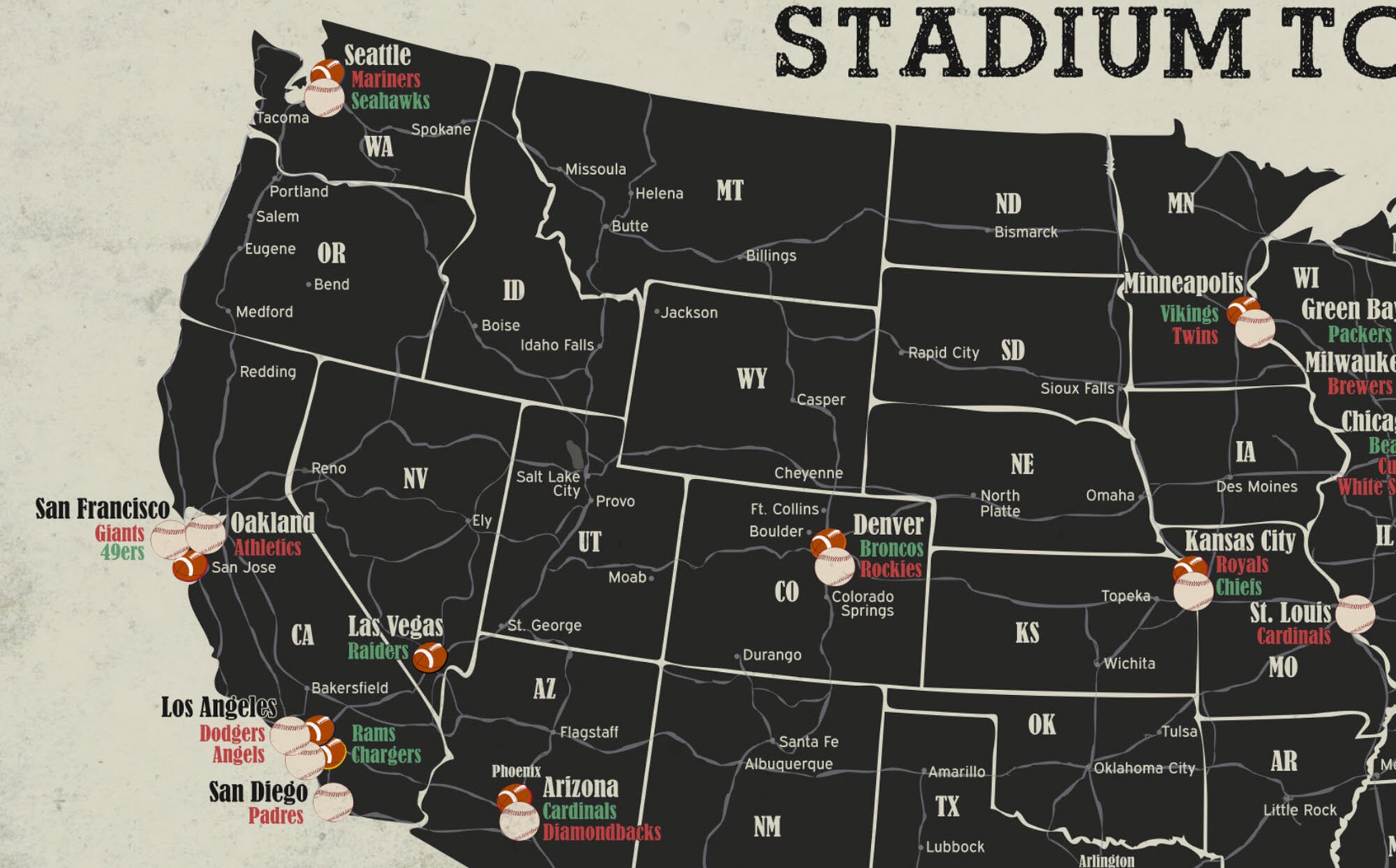 Football and Baseball Stadium Tour Map: Poster or Framed Push - Etsy