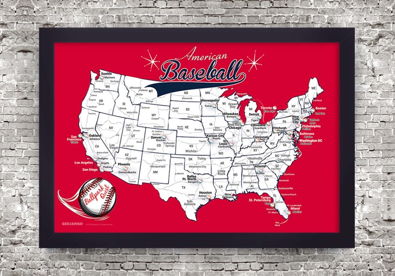 Baseball Map, Cleveland Guardians- Poster or Framed Pin Map, Ballparks ...