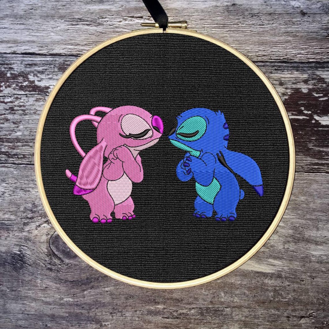 Stitch and Angel Couple Embroidery Design, Cute Alien Love Pattern, 2 ...