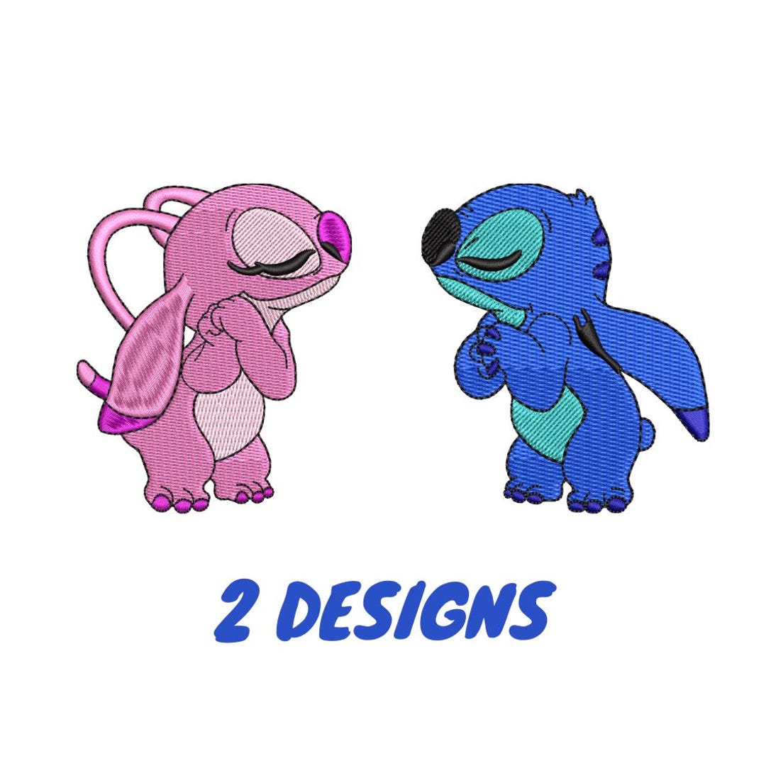 Stitch and Angel Couple Embroidery Design, Cute Alien Love Pattern, 2 ...