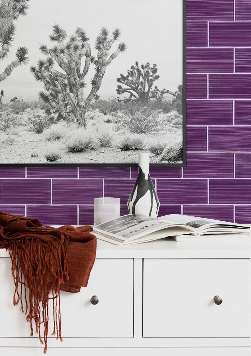 Peel & Stick Hand Painted Violet Glass Subway Tile 3 X 6 Home Decor and ...