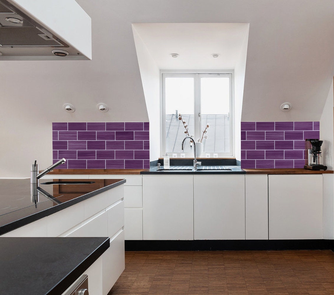 Peel & Stick Hand Painted Violet Glass Subway Tile 3 X 6 Home Decor and ...