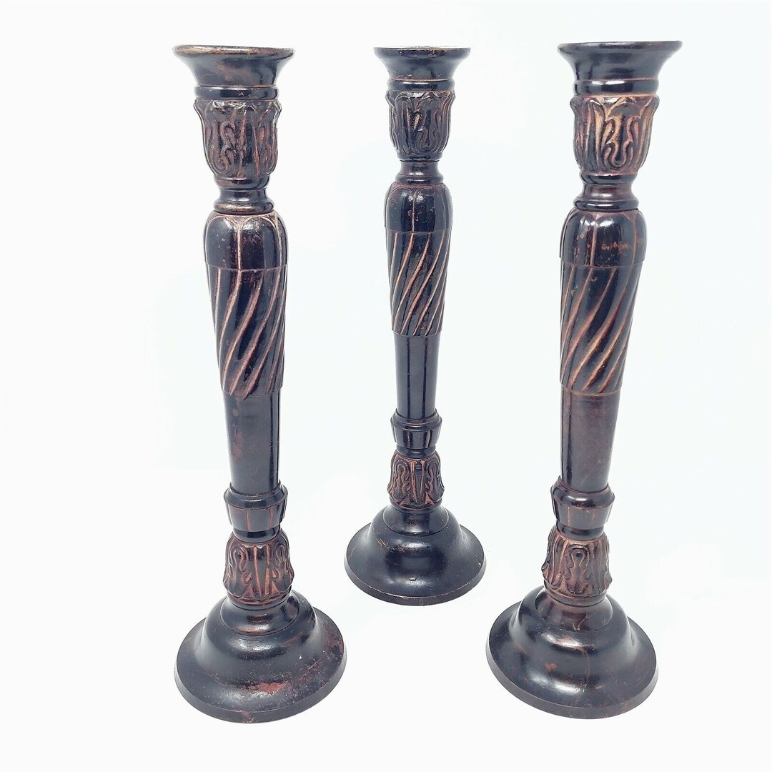 Candlestick Holder Distressed Metal Dark Chocolate Swirl Column Set of ...