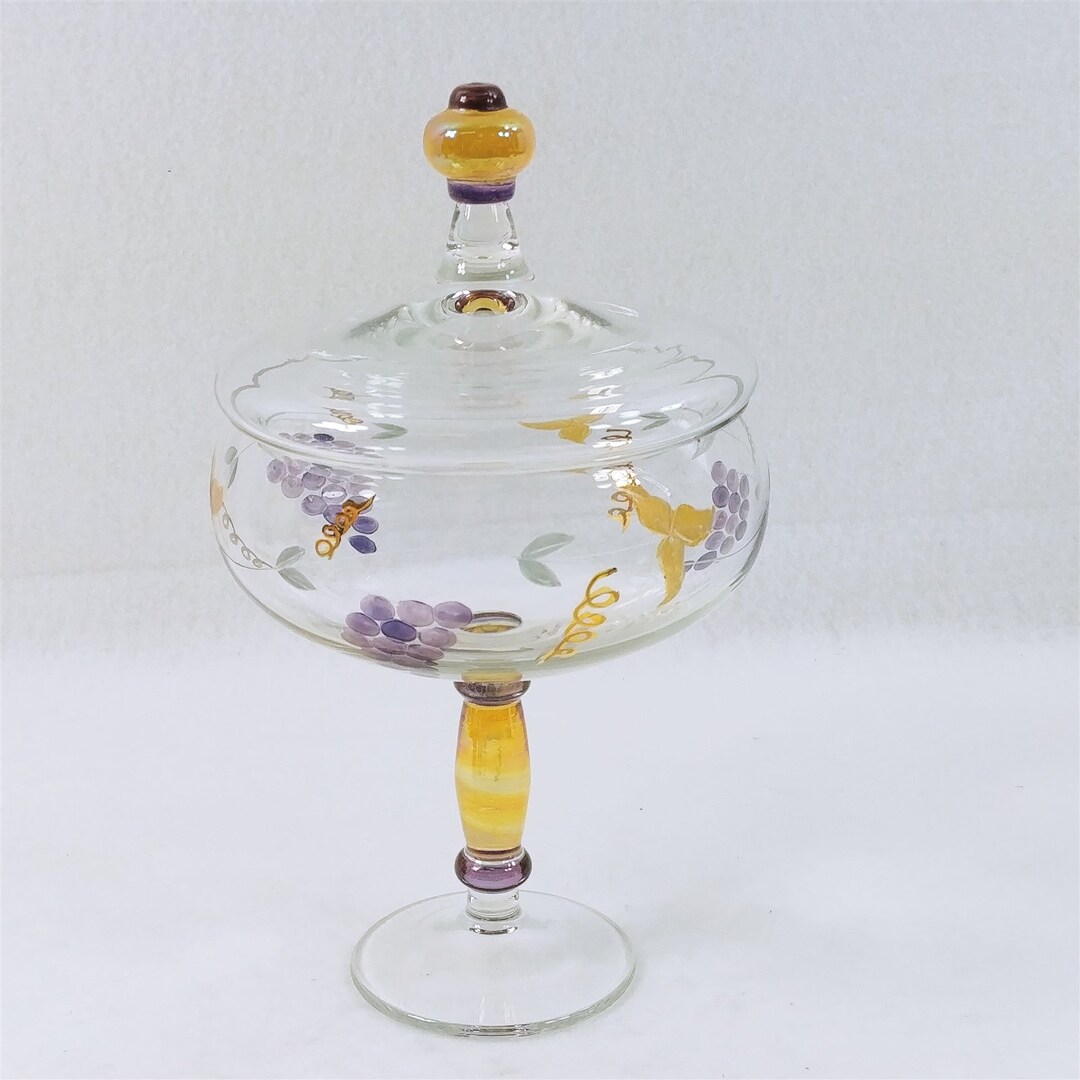 Glass Compote With Lid Etched Grape Motif 9" - Etsy