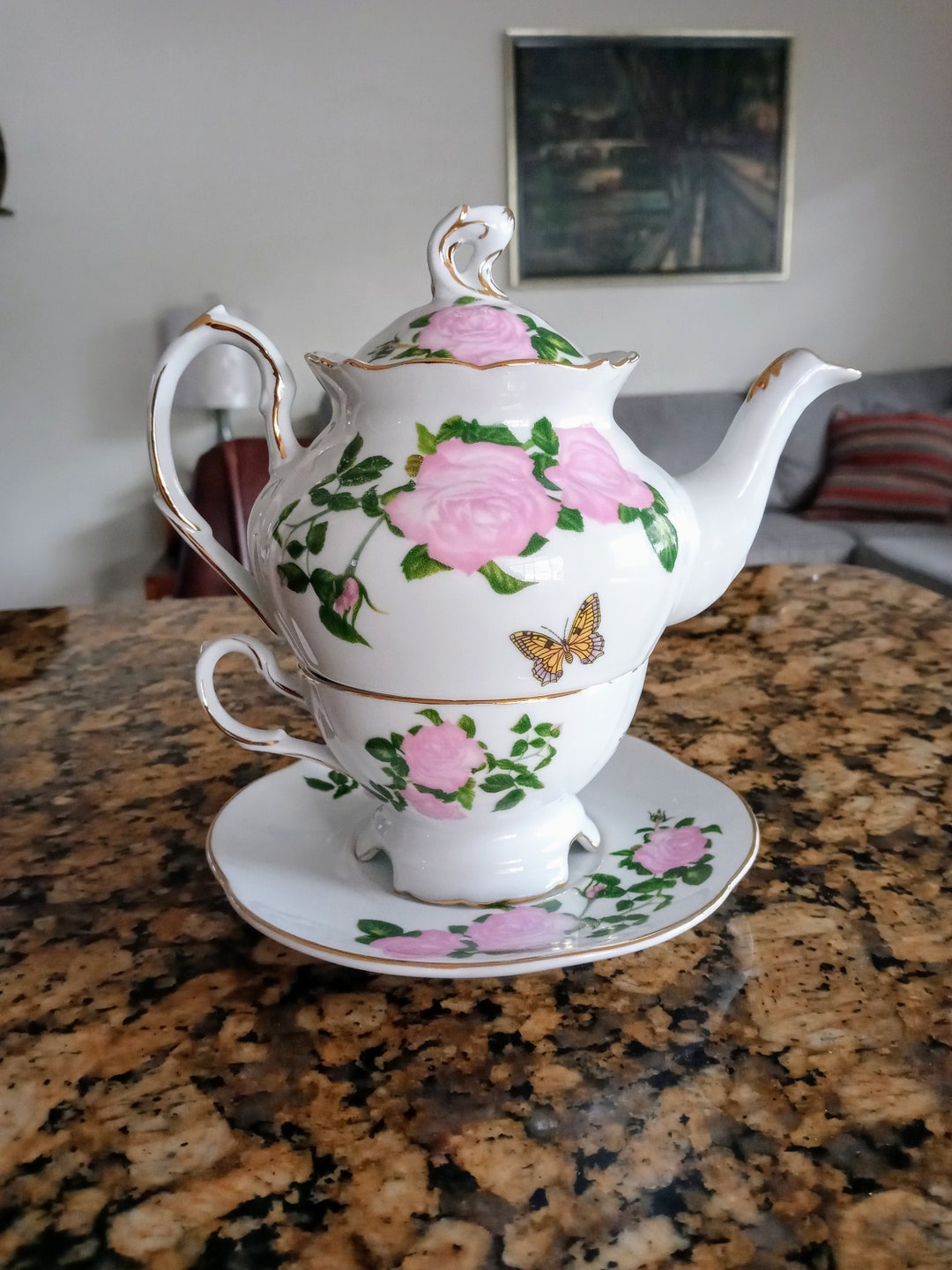 Tea for One Teapot, Cup and Saucer. Roses and Butterflies Tea Set. - Etsy