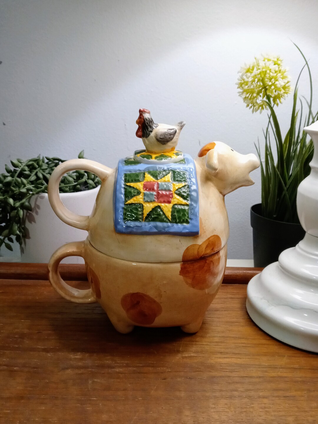 Tea for One Stacked Teapot and Cup. Cow and Rooster Farmhouse Home ...