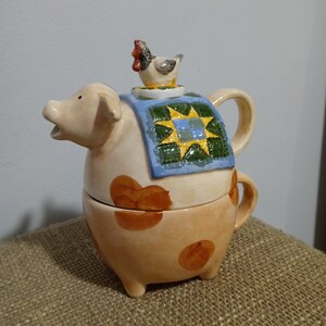 Tea for One Stacked Teapot and Cup. Cow and Rooster Farmhouse Home ...