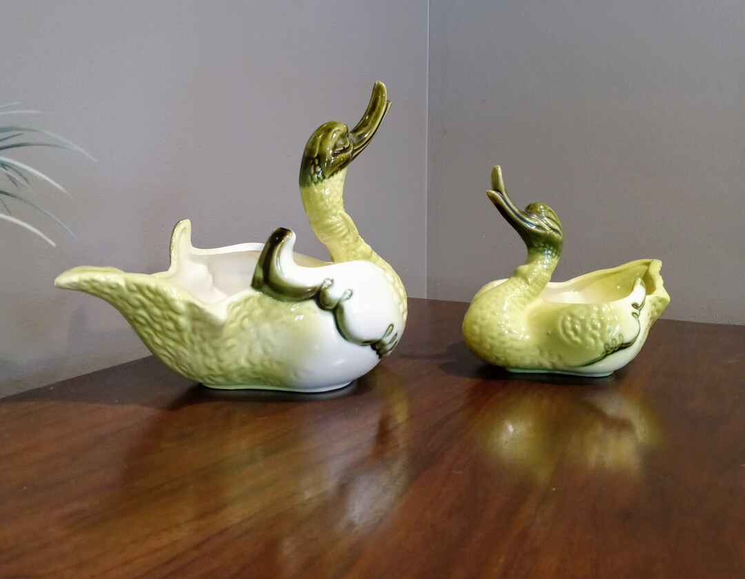 Hull Pottery Chartreuse Duck Vases. Two Ducks, Medium and Large, Coffee ...