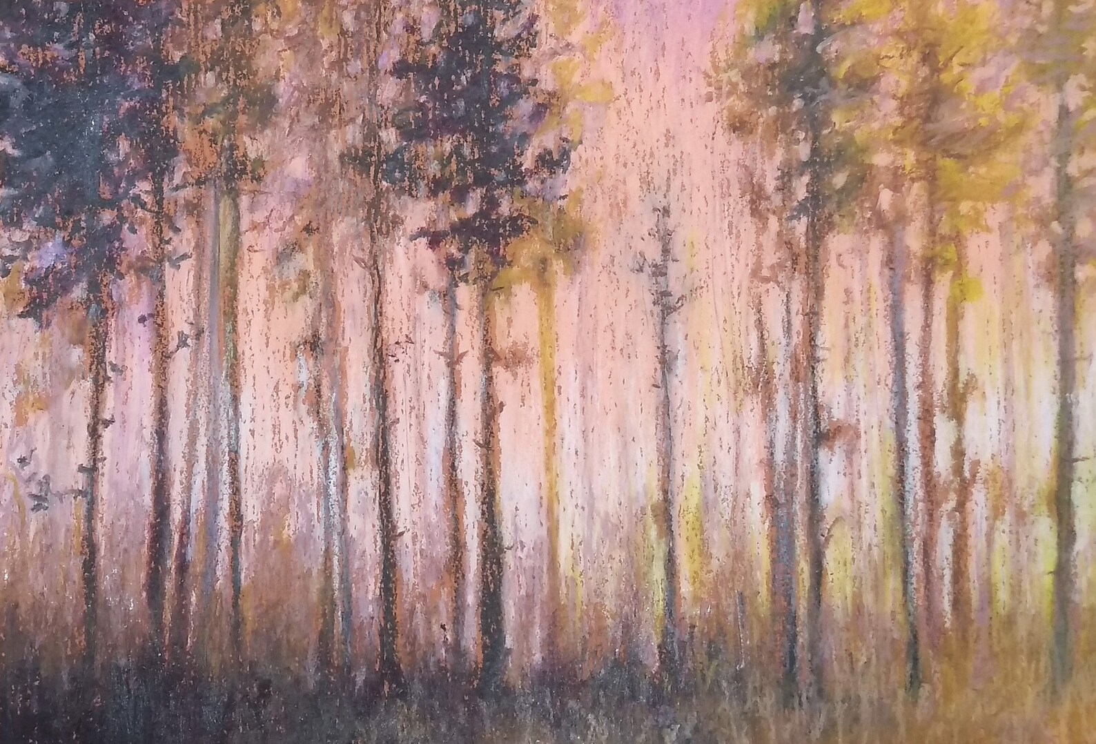 Original Oil Pastel Painting Forest in Rosy Light - Etsy